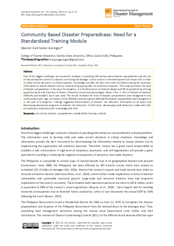 (PDF) Community Based Disaster Preparedness: Need for a Standardized ...