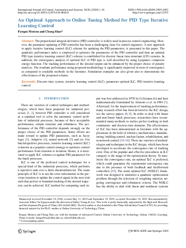 (PDF) An Optimal Approach to Online Tuning Method for PID Type Iterative Learning Control