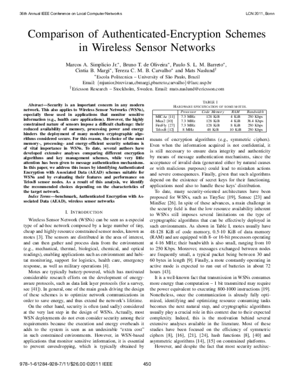 Pdf Comparison Of Authenticated Encryption Schemes In Wireless Sensor Networks