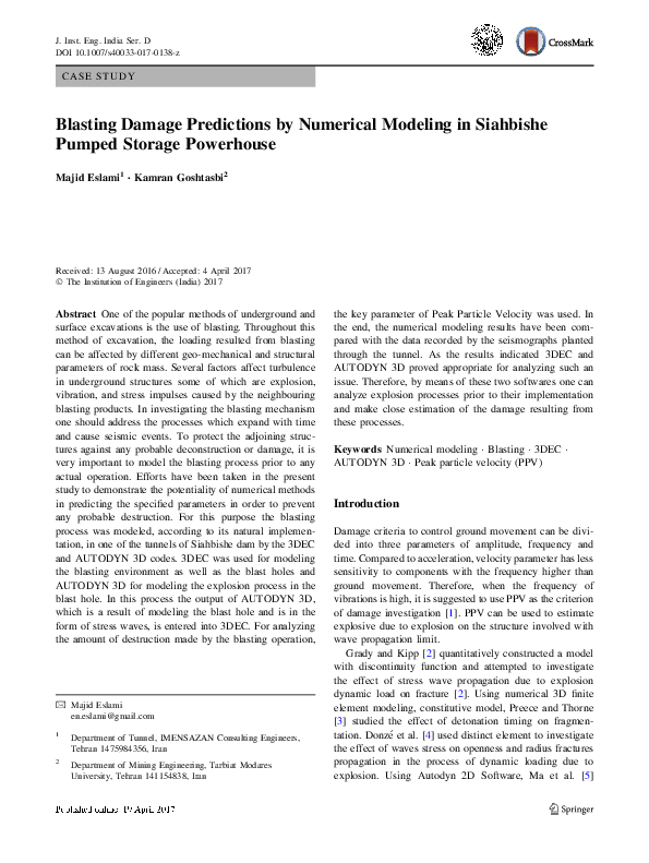 (PDF) Blasting Damage Predictions by Numerical Modeling in Siahbishe Pumped Storage Powerhouse ...