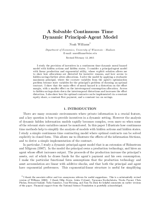 Pdf A Solvable Continuous Time Dynamic Principal Agent Model