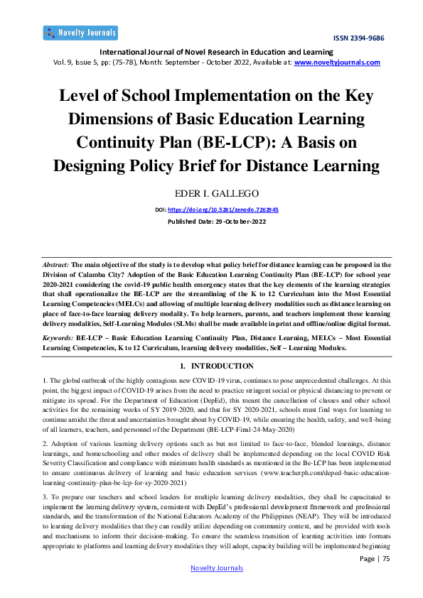 (PDF) Level of School Implementation on the Key Dimensions of Basic ...