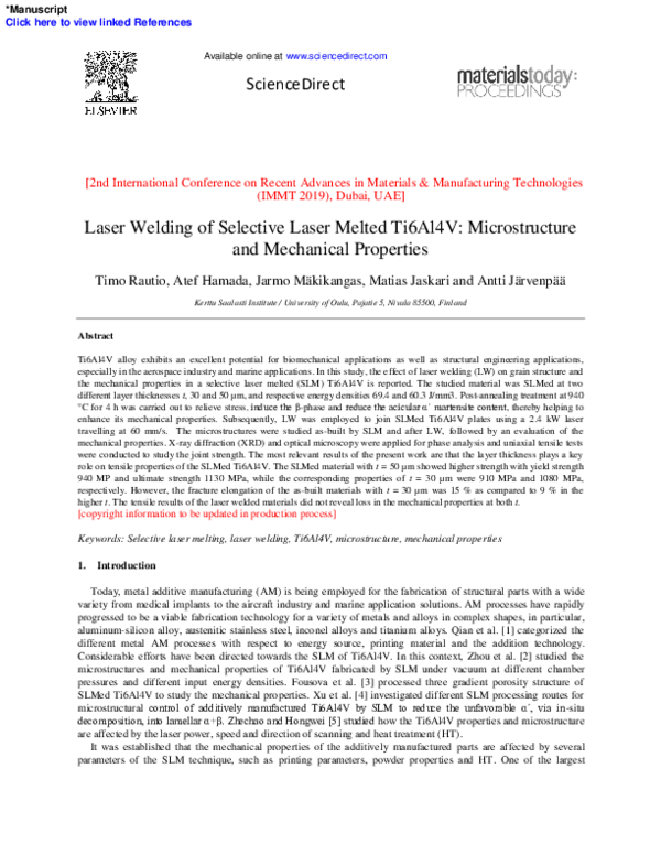 (PDF) Laser welding of selective laser melted Ti6Al4V: Microstructure and mechanical properties