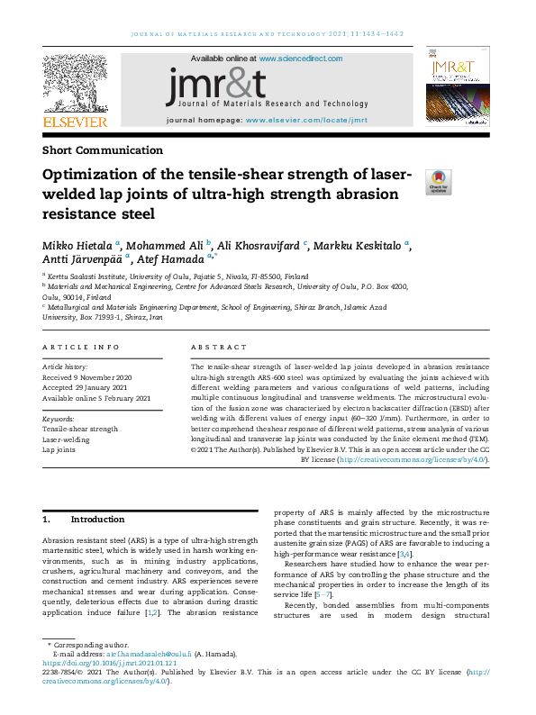 (PDF) Optimization of the tensile-shear strength of laser-welded lap joints of ultra-high ...