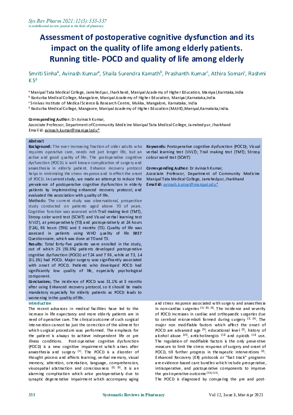 (PDF) Assessment of postoperative cognitive dysfunction and its impact ...