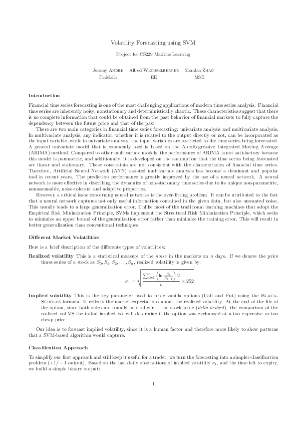 Pdf Introduction Volatility Forecasting Using Svm Project For Cs229 Machine Learning