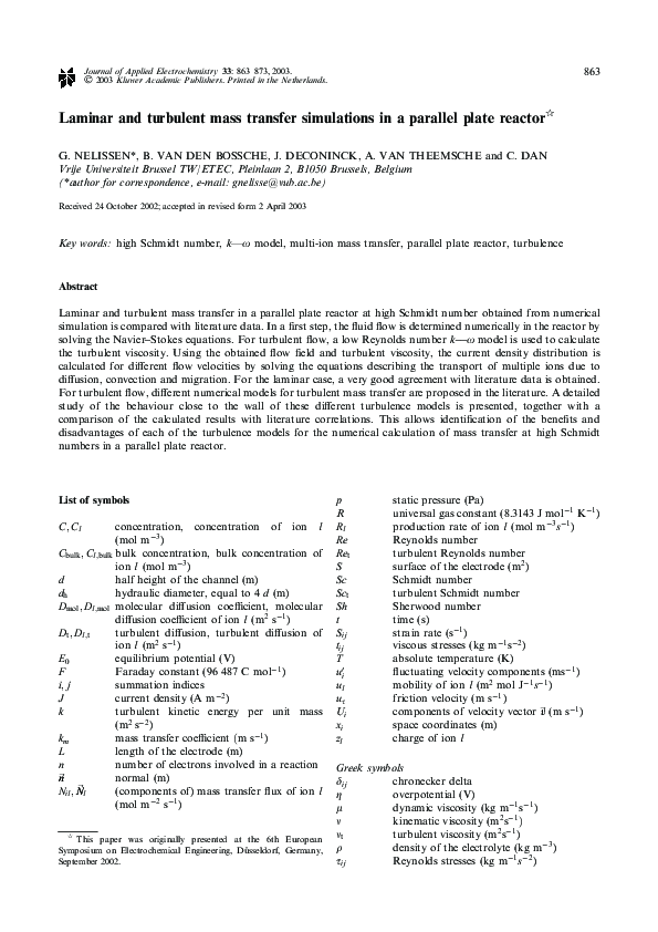 (PDF) Laminar and turbulent mass transfer simulations in a parallel ...