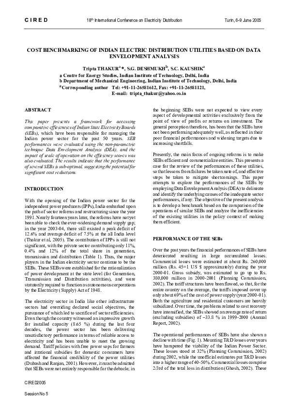 (PDF) Cost benchmarking of Indian electric distribution utilities based on Data Envelopment Analysis