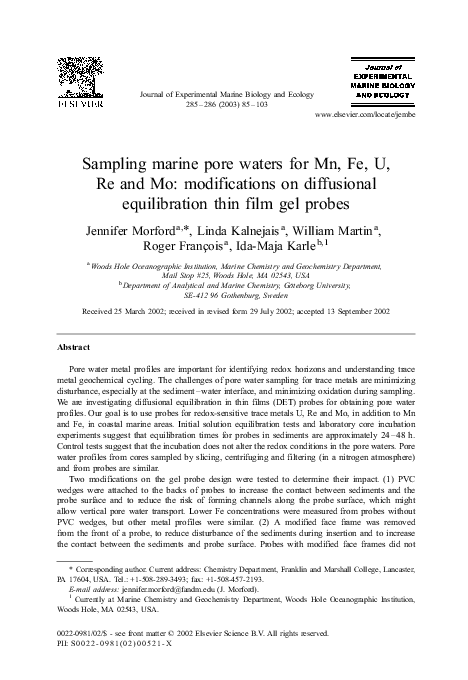 (PDF) Sampling marine pore waters for Mn, Fe, U, Re and Mo ...