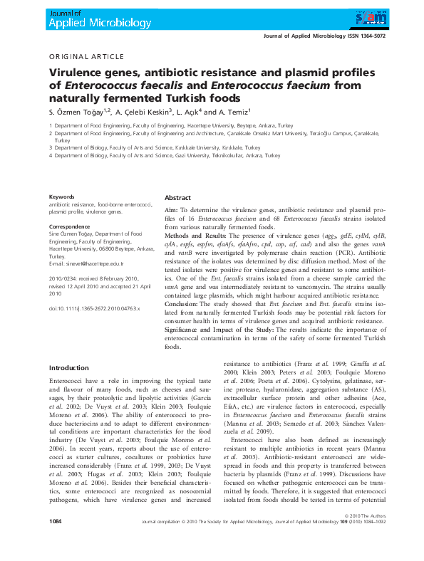 Pdf Virulence Genes Antibiotic Resistance And Plasmid Profiles Of Enterococcus Faecalis And