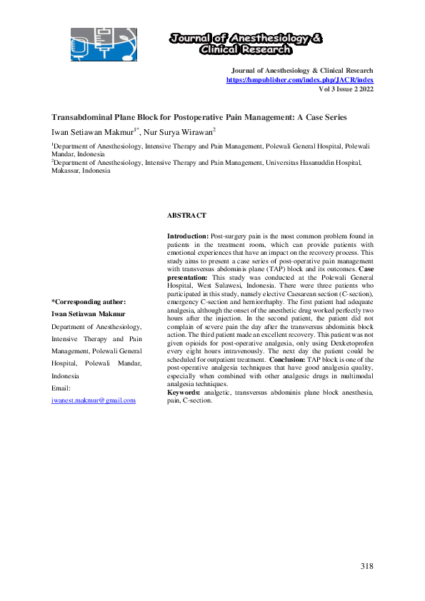 (PDF) Transabdominal Plane Block for Postoperative Pain Management: A ...