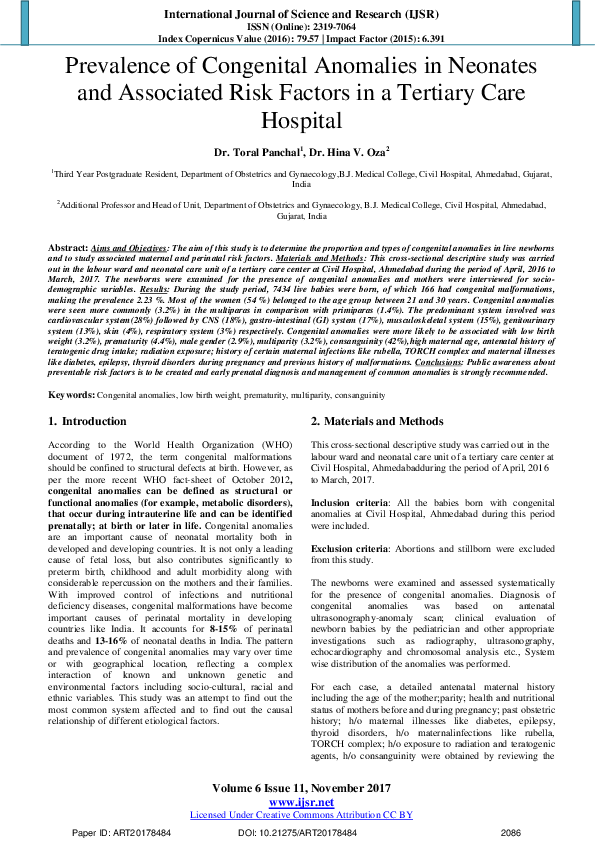(PDF) Prevalence of Congenital Anomalies in Neonates and Associated ...