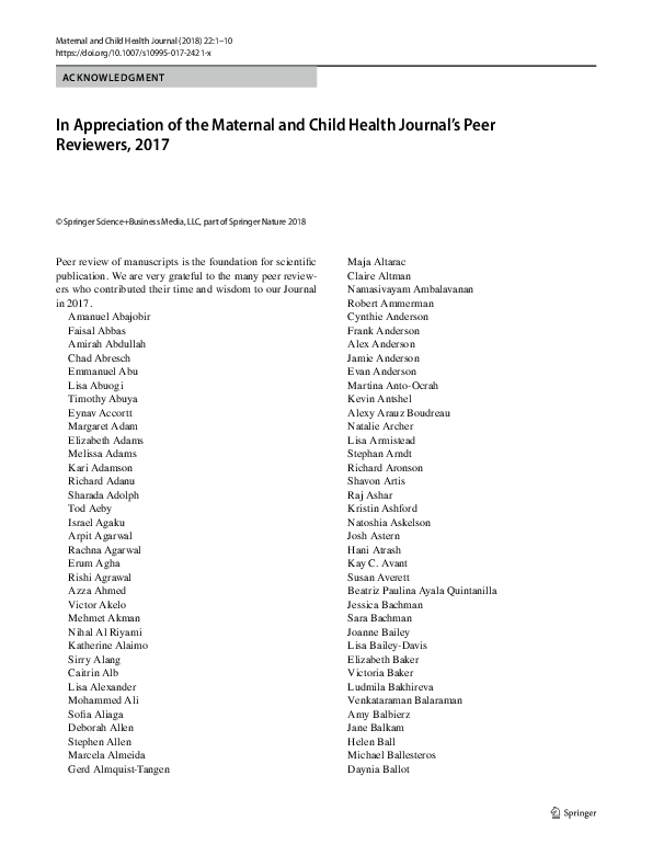 (PDF) In Appreciation of the Maternal and Child Health Journal’s Peer ...