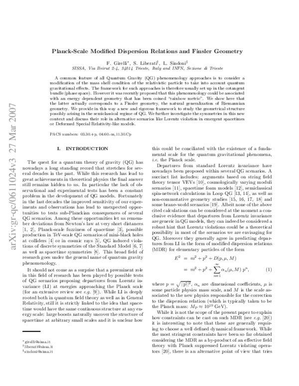 (PDF) Planck-scale modified dispersion relations and Finsler geometry