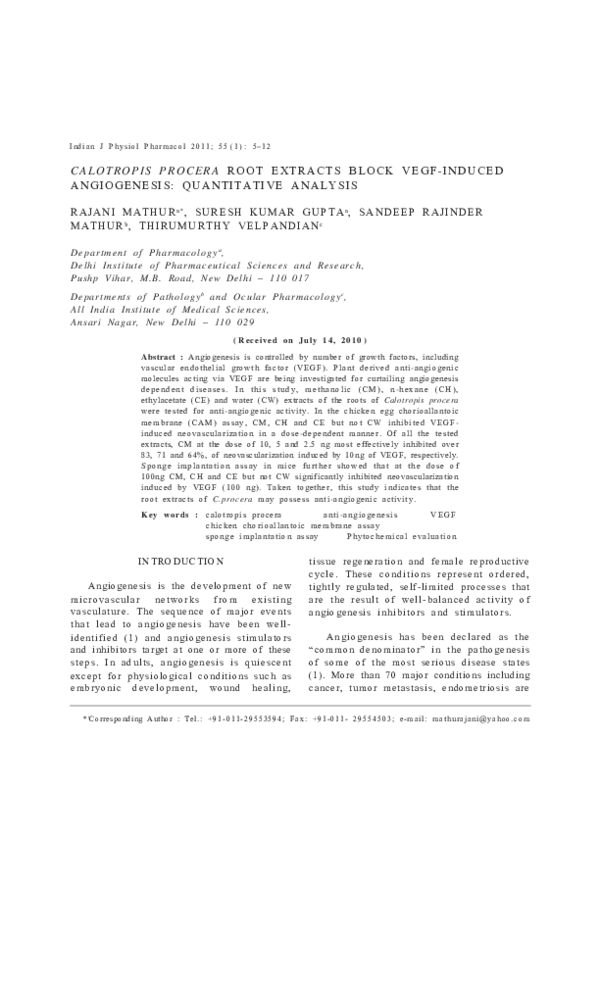 (PDF) Calotropis procera root extracts block VEGF-induced angiogenesis ...