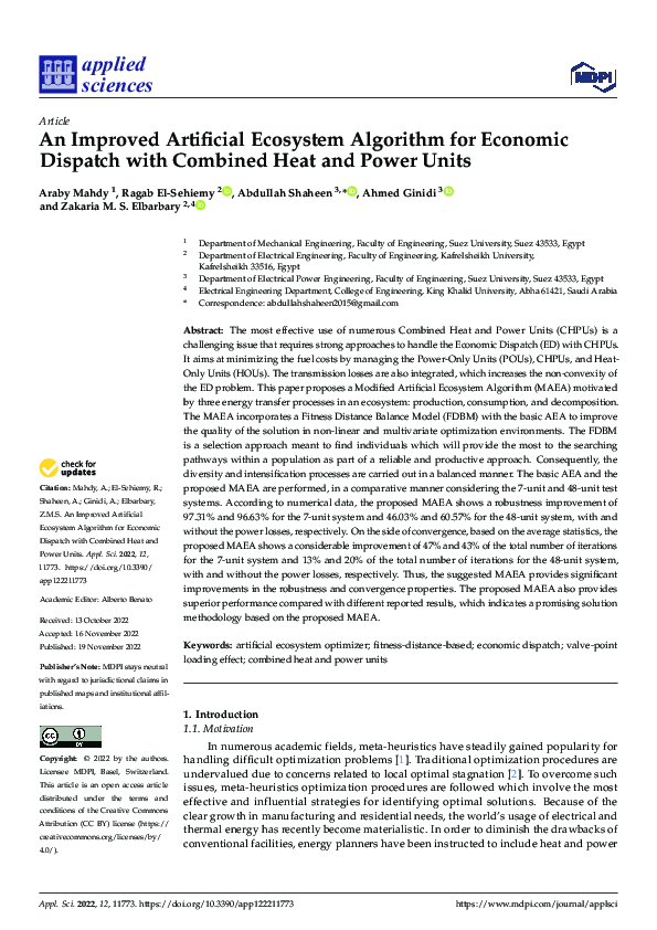 Pdf An Improved Artificial Ecosystem Algorithm For Economic Dispatch With Combined Heat And