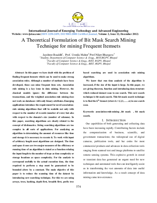 (PDF) A Theoretical Formulation of Bit Mask Search Mining Technique for mining Frequent Itemsets