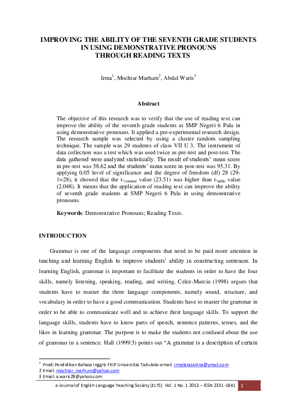 (PDF) Improving the Ability of the Seventh Grade Students in Using Demonstrative Pronouns ...