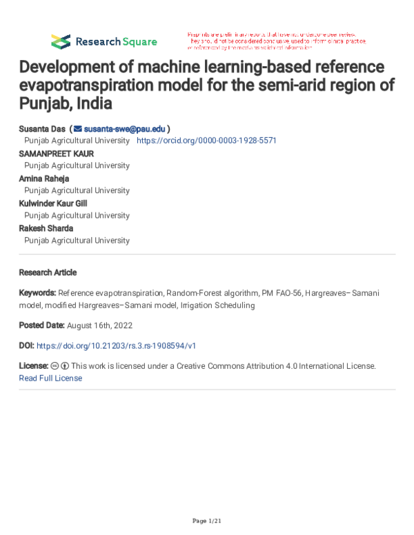 (PDF) Development of machine learning-based reference evapotranspiration model for the semi-arid ...