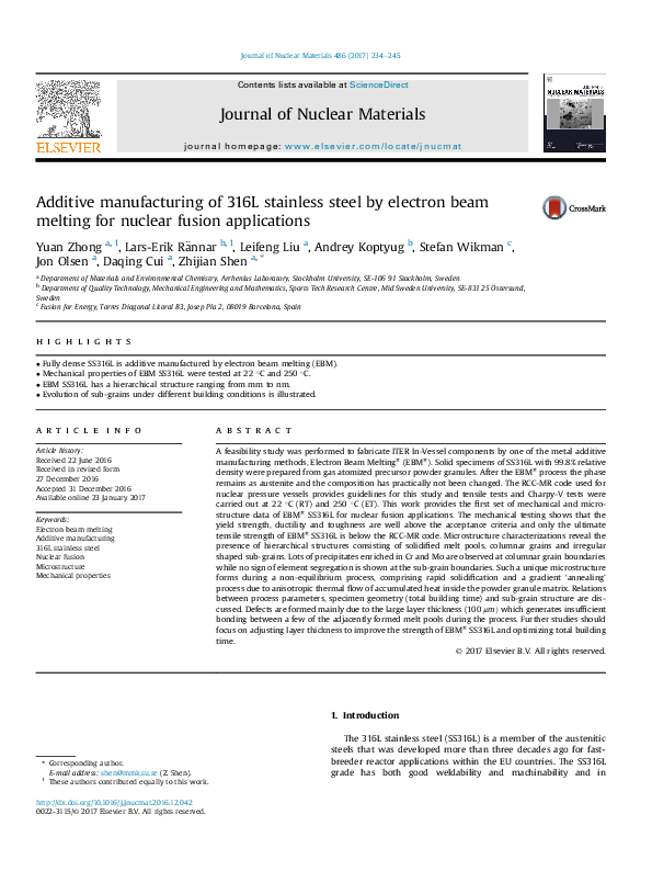 (PDF) Additive manufacturing of 316L stainless steel by electron beam ...
