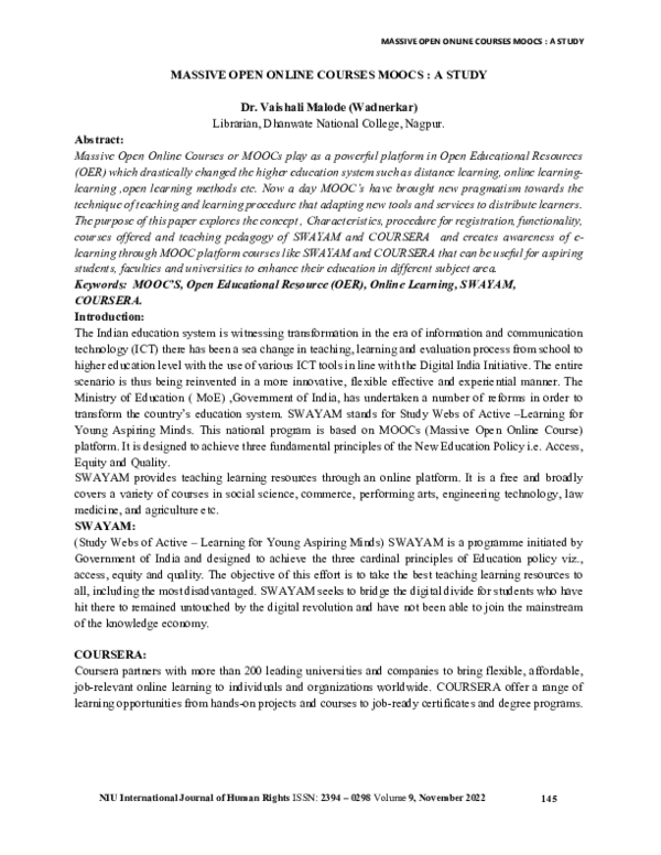 (PDF) MASSIVE OPEN ONLINE COURSES MOOCS : A STUDY