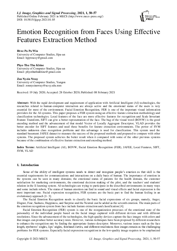 Pdf Emotion Recognition From Faces Using Effective Features