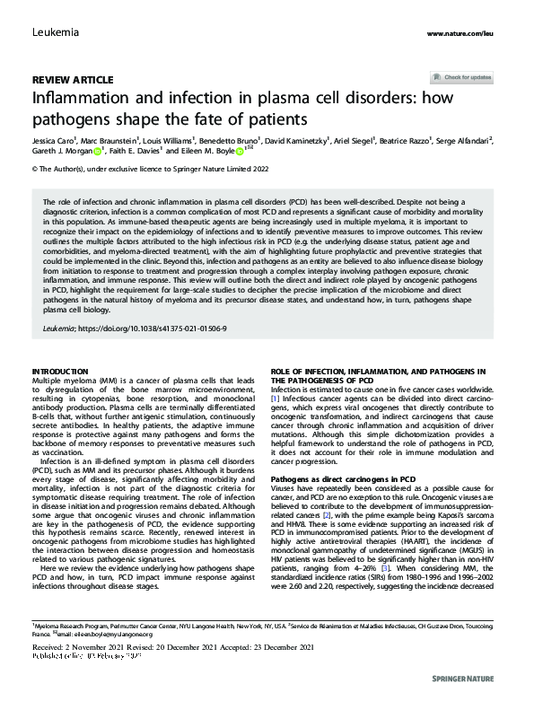 (PDF) Inflammation and infection in plasma cell disorders: how ...