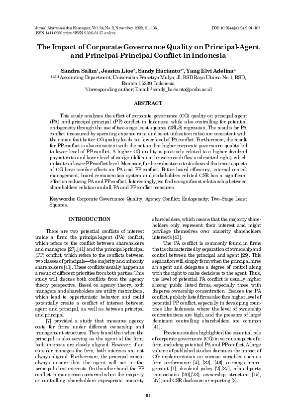 (PDF) The Impact of Corporate Governance Quality on Principal-Agent and ...