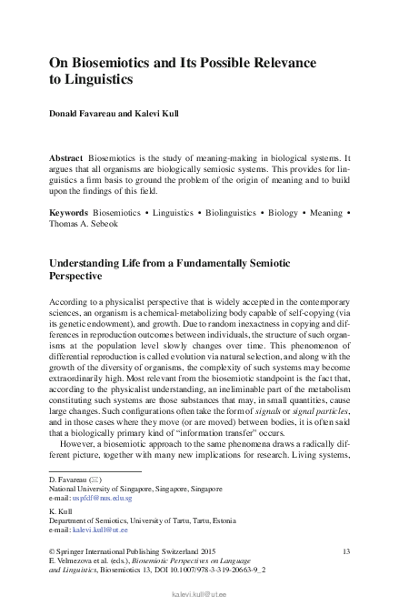 (PDF) On Biosemiotics and Its Possible Relevance to Linguistics