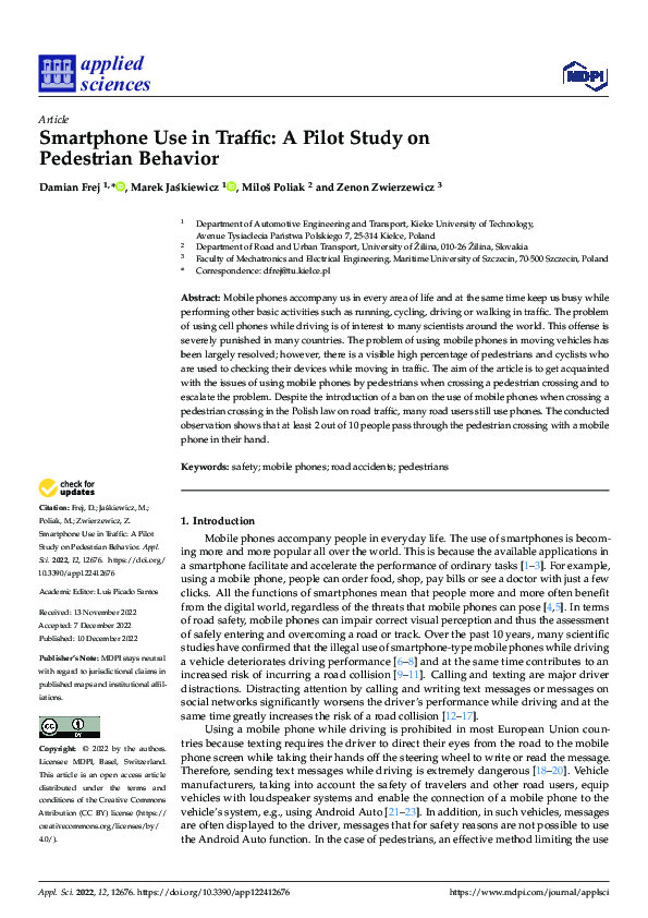 (PDF) Smartphone Use in Traffic: A Pilot Study on Pedestrian Behavior