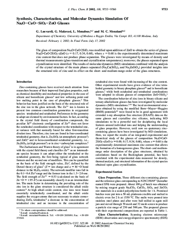(PDF) Synthesis, Characterization, and Molecular Dynamics Simulation Of Na2O−CaO−SiO2−ZnO Glasses