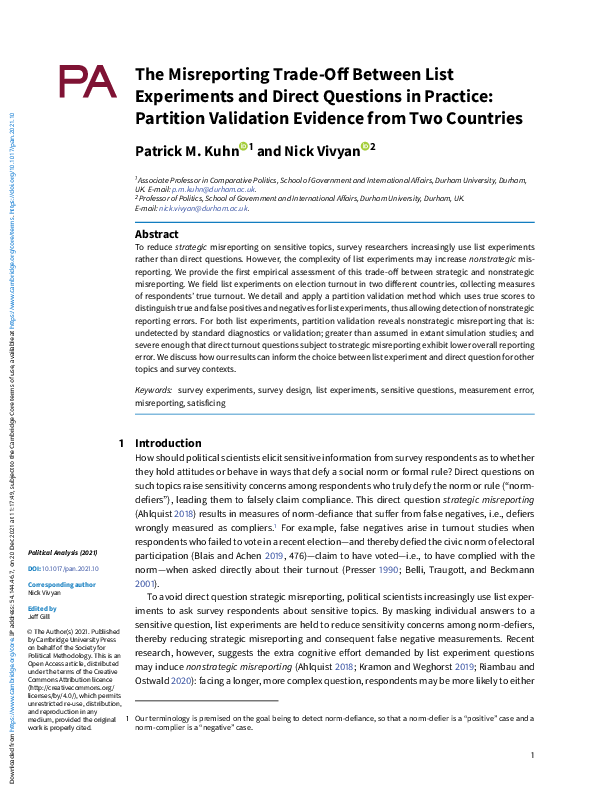 (PDF) The Misreporting Trade-Off Between List Experiments and Direct ...
