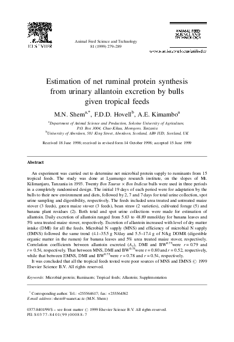 (PDF) Estimation of net ruminal protein synthesis from urinary ...