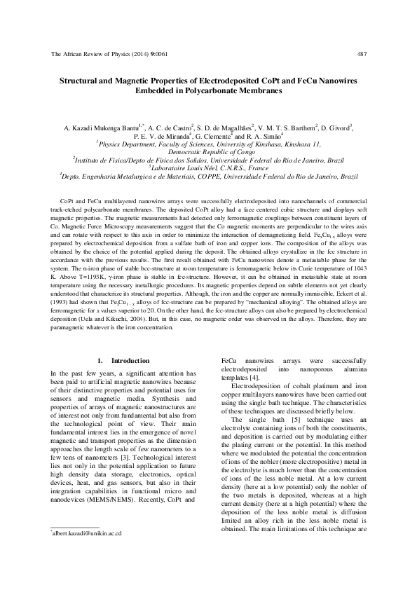(PDF) Structural and Magnetic Properties of Electrodeposited CoPt and FeCu Nanowires Embedded in ...