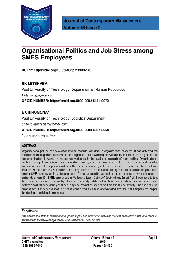 (PDF) Organisational politics and job stress among SMEs employees