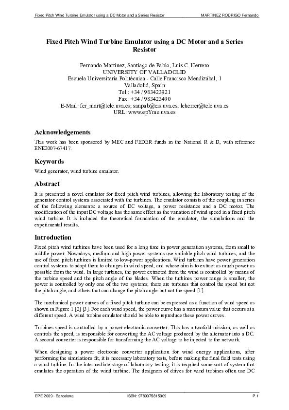 (PDF) Fixed pitch wind turbine emulator using a DC motor and a series ...