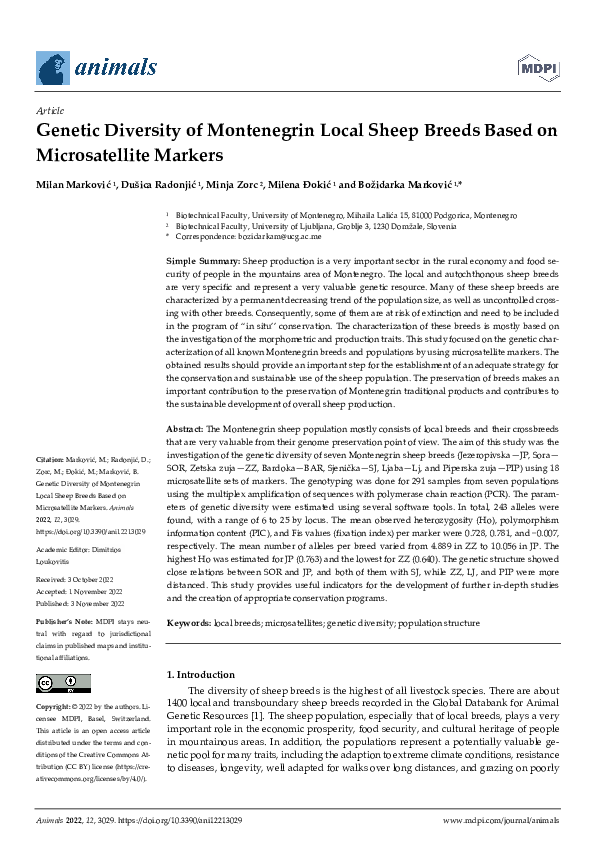 (PDF) Genetic Diversity of Montenegrin Local Sheep Breeds Based on Microsatellite Markers