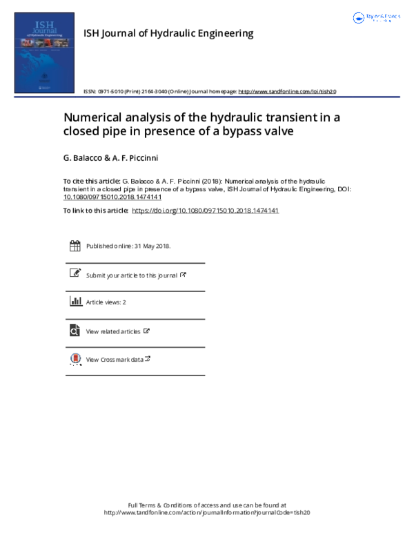 (PDF) Numerical analysis of the hydraulic transient in a closed pipe in presence of a bypass valve
