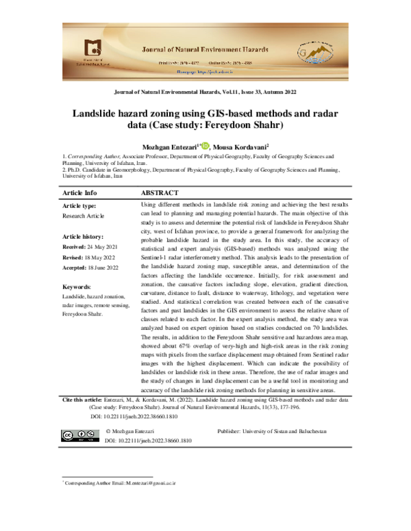 (PDF) Landslide hazard zoning using GIS-based methods and radar data (Case study: Fereydoon Shahr