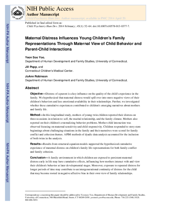 (PDF) Maternal Distress Influences Young Children’s Family ...
