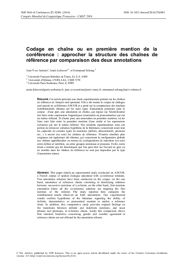 (PDF) Codage en chaîne ou en première mention de la coréférence ...