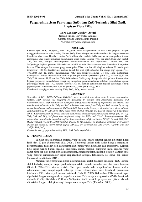 (PDF) Pengaruh Lapisan Penyangga SnO2 dan ZnO Terhadap Sifat Optik ...