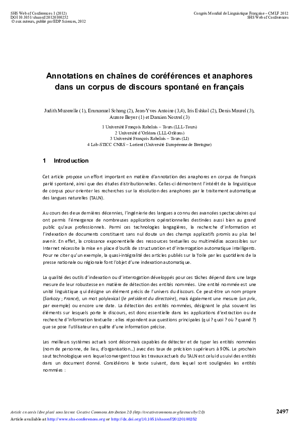 (PDF) Annotations en chaînes de coréférences et anaphores dans un ...