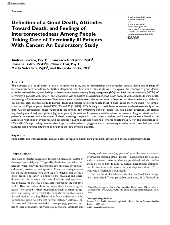 (PDF) Definition of a Good Death, Attitudes Toward Death, and Feelings ...