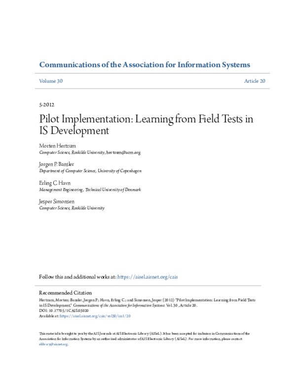 (PDF) Pilot Implementation: Learning from Field Tests in IS Development