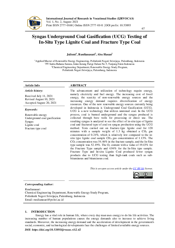(PDF) Syngas Underground Coal Gasification (UCG) Testing of In-Situ ...