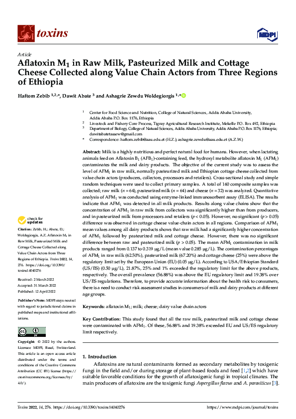 (PDF) Aflatoxin M1 in Raw Milk, Pasteurized Milk and Cottage Cheese Collected along Value Chain ...