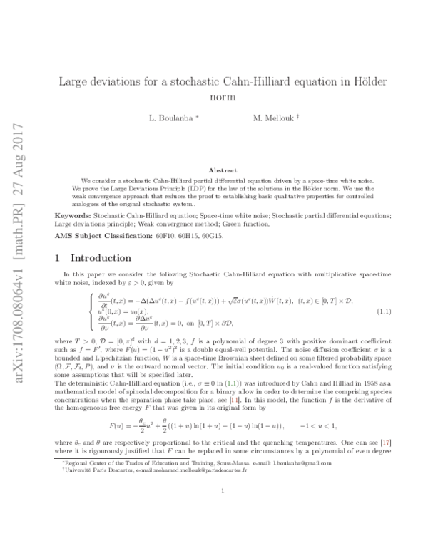 (PDF) Large deviations for a stochastic Cahn–Hilliard equation in Hölder norm