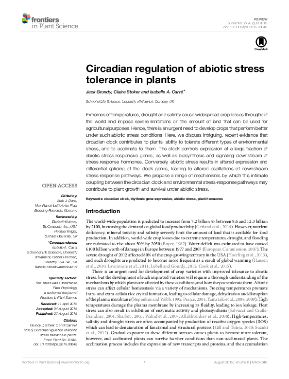 (PDF) Circadian regulation of abiotic stress tolerance in plants