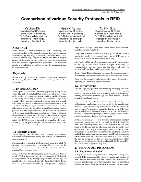 Pdf Comparison Of Various Security Protocols In Rfid